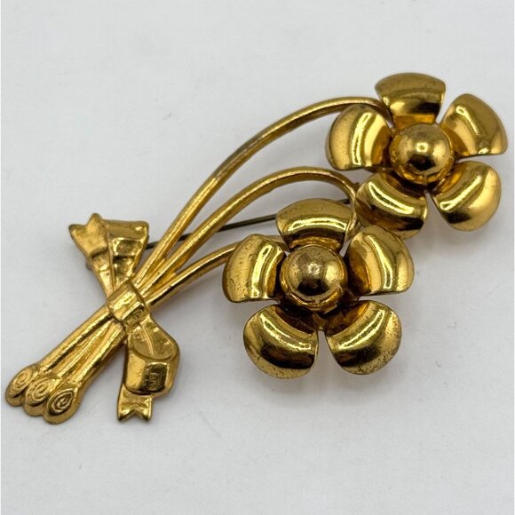 Vintage | Jewelry | Vintage Gold Tone Floral Long Stem Flowers Brooch ...